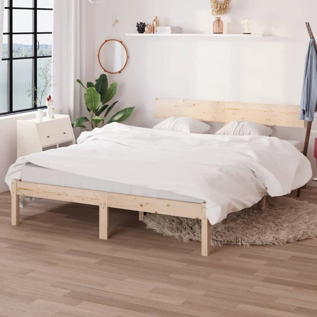 BED FRAME BROWN Pine Solid Wood 140x200 cm Headboard Slatted Base ...
