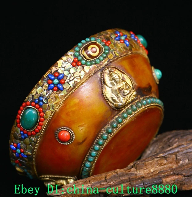 TIBET PRIÈRES CIRE d'abeille naturelle incrustée d'agate argentée perles DZI EUR 198,00 ...