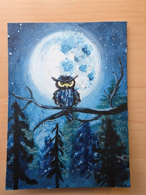 ORIGINAL ACEO PAINTING – Owl Under Full Moon – Night Forest – Miniature ...