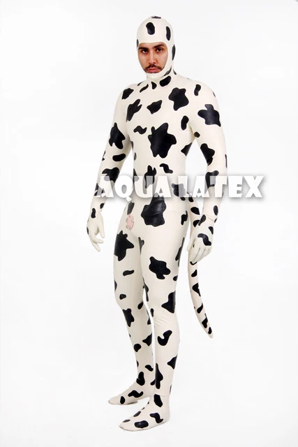 RUBBER LATEX COW Catsuit with Inflatable Tail Latex Costume with Open ...