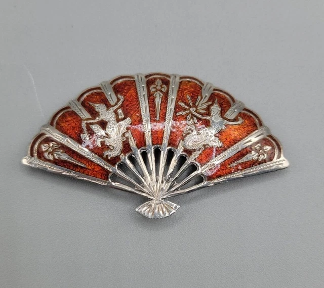 VINTAGE SIAM SILVER Brooch Pin Rare Red Enameled Fan Design God Goddess ...