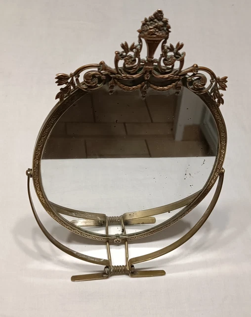 MIROIR ANCIEN ARTICULÉ à poser, cadre en laiton et deco superieure en cuivre EUR 22,00 - PicClick FR