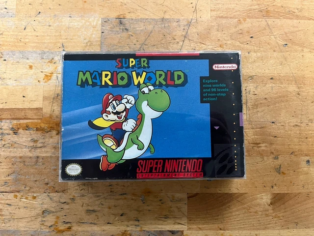 SUPER MARIO WORLD SNES Super Nintendo Black Label scatola molto rara e ...