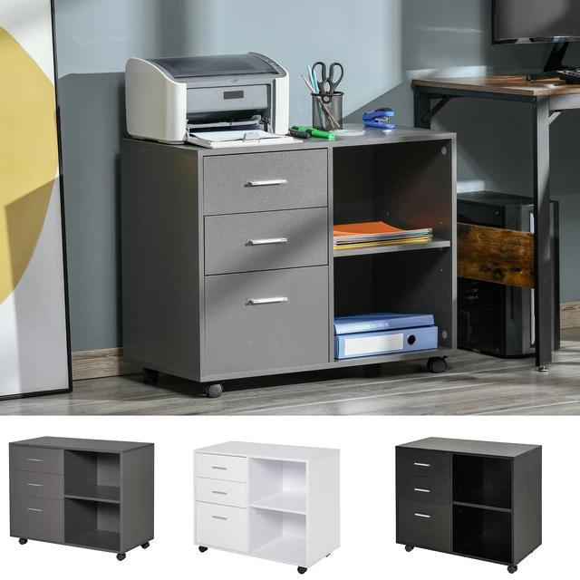 WOOD FILE CABINET Side Board 3 Drawer Shelf Caster Wheels Sturdy £44.99 ...