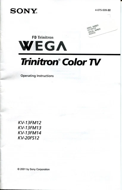 SONY WEGA FD Trinitron Color TV Owner's Operator User Instruction ...