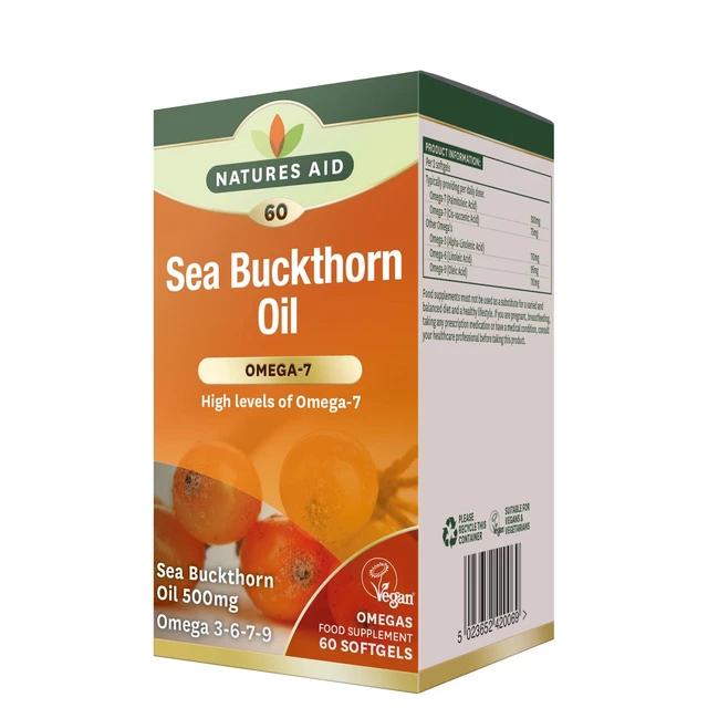 NATURES AID 100% Pure Omega-7 Sea Buckthorn Oil 500mg, 60 Vegetarian ...