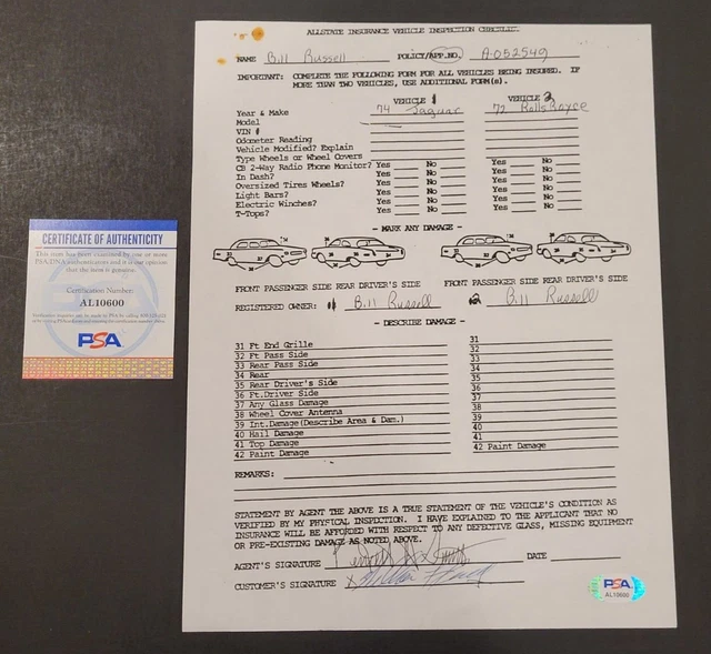 RARE BILL RUSSELL Signed Allstate Vehicle Inspection Checklist-CELTICS ...