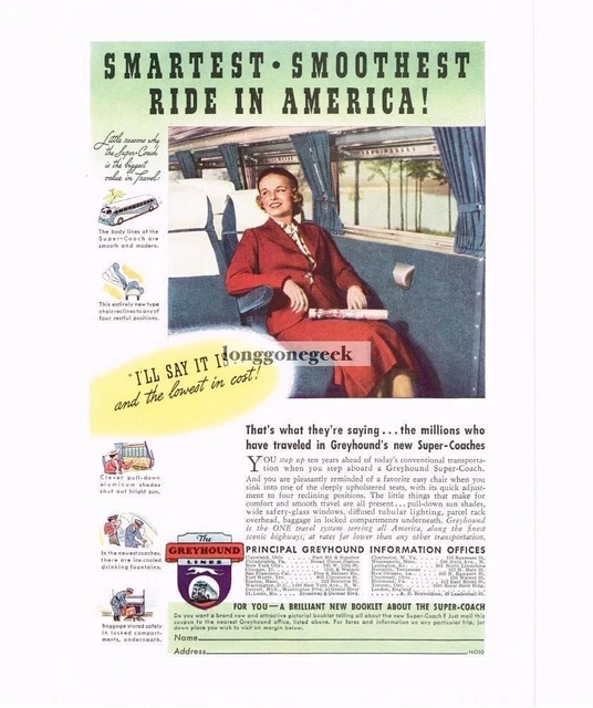 1937 GREYHOUND LINES Bus Smartest Smoothest Ride in America Vintage ...