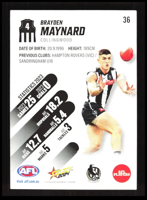 AFL 2024 SELECT Collingwood Brayden Maynard 36 Card CB-1-4-B-18 £1.37 ...