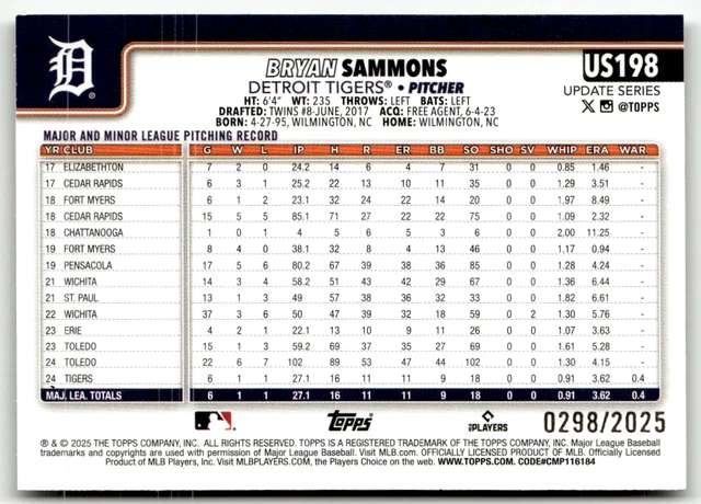 2025 TOPPS ACTUALIZACIÓN Series MLB N º US198 Bryan Sammons Rookie ...