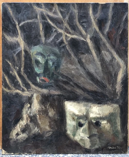 TABLEAU ANCIEN HUILE Masques Bois Forêt Sombre Curiosa André FOY (1886 ...