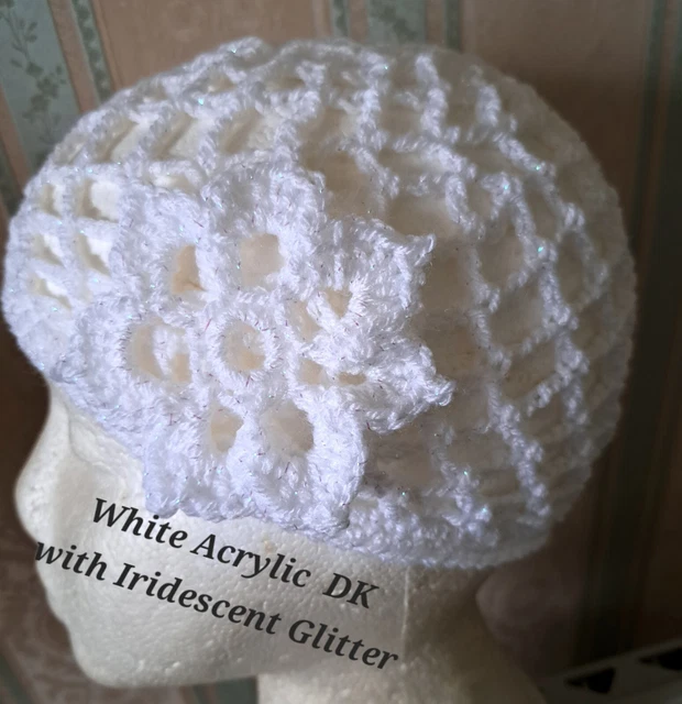 SPARKLY WHITE ACRYLIC IRIDESCENT LUREX CROCHET SKULL CAP HAT 70s Fancy ...