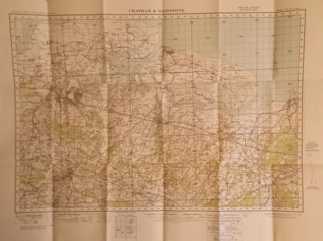 VINTAGE WW2 WAR Office Cloth Map 1931 CHATHAM & MAIDSTONE Kent Sheet ...