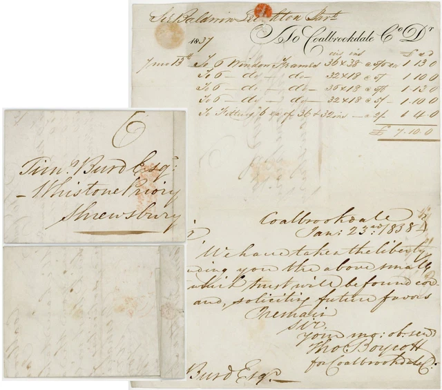 1838 LETTER COALBROOKDALE BOYCOTT TIMOTHEUS BURD WHISTONE PRIORY ...