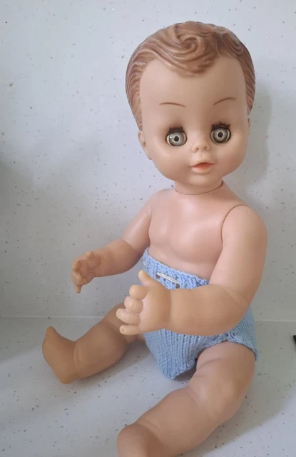 1960S PLASTIC BOY DOLL WITH GREY BLINKING EYES &BLUE KNITTED OUTFIT £25 ...