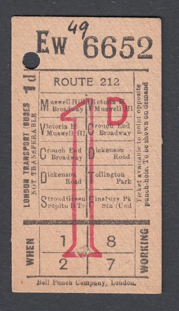 OLD TICKET LONDON Transport Buses Bus 1d Route 212 Muswell Hill ...