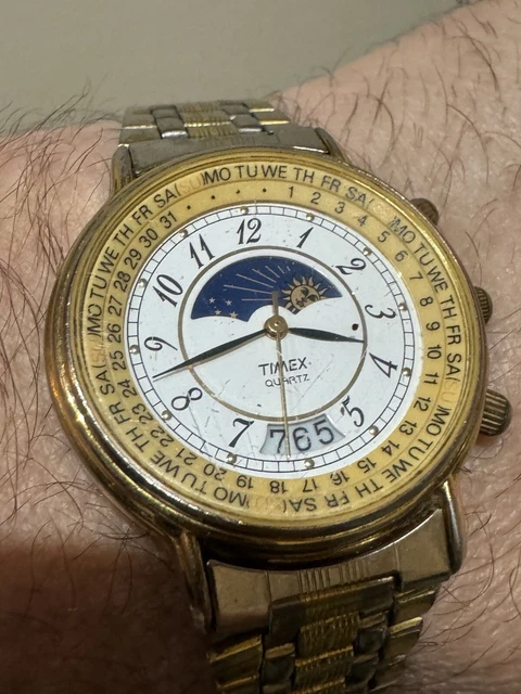 MENS VINTAGE TIMEX 364 T Cell Moon & Sun watch calendar dial Moonphase ...