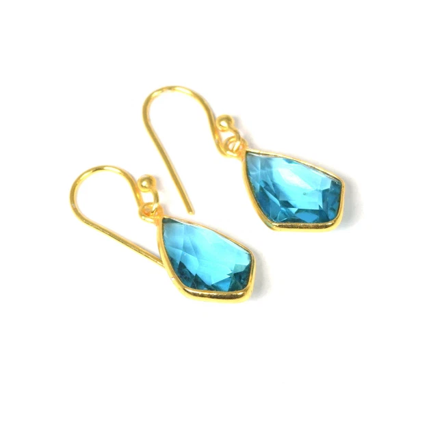 925 Solid Sterling Silver 24ct Gold Overlay Cut Blue Quartz Hook