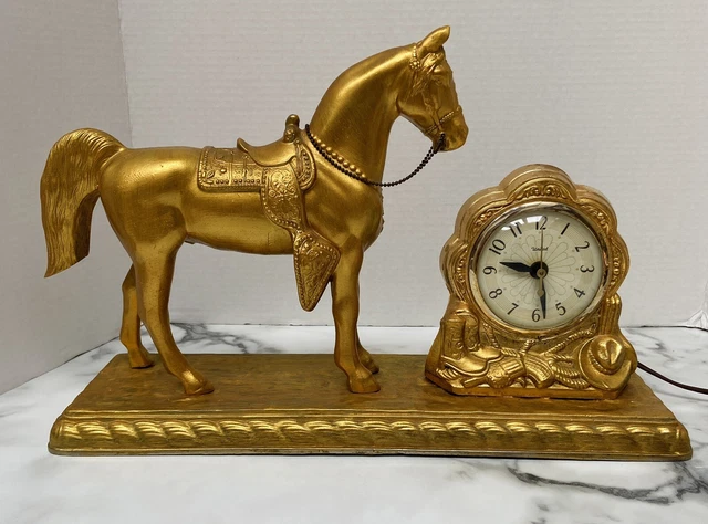 VTG UNITED CLOCK Corp. Horse Mantel Clock Model #310 Cast Metal Base ...