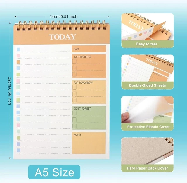A5 SPIRAL TO Do List Notepad (8.66"x5.51"),Undated Daily Planner ...