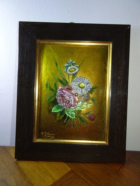 ANCIEN TABLEAU EMAUX de Limoges bouquet de Fleurs signé R. Restoueix (M ...