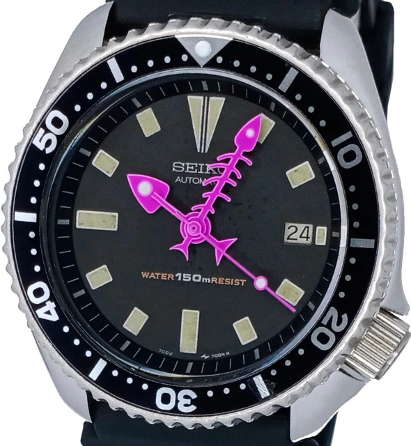 CUSTOM MOD VINTAGE SEIKO 7002 diver Fishbone hands w/Genuine case, dial ...