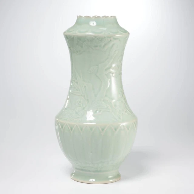 CHINESE CELADON FANS Bamboo Scalloped Rim Traditional Vase 13"h 7"w ...