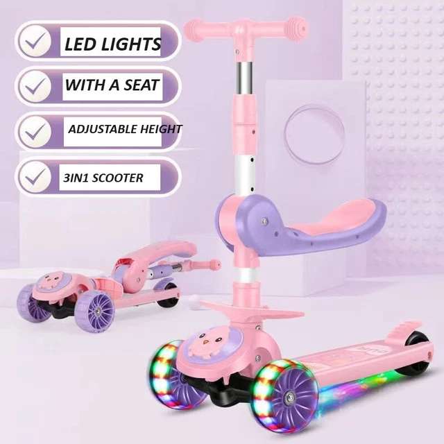 KIDS SCOOTER 3IN1 Child Kick Push Tilt Lean Flashing 3-Wheels with Seat ...