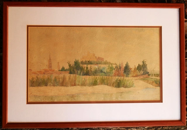 TABLEAU AQUARELLE ANCIENNE: village avec château EUR 8,00 - PicClick FR