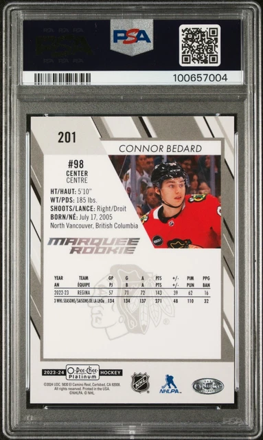 2023-24 OPC PLATINUM Marquee Rookie Connor Bedard 201 Pond Hockey PSA 9 ...