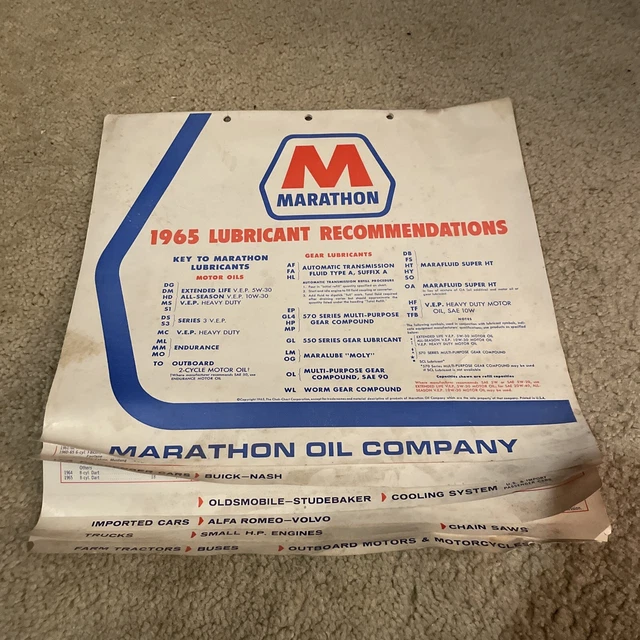 MARATHON OIL COMPANY 1965 Lubricant Recommendation chart EUR 27,76 ...