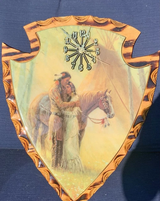 HANDMADE WOODEN CLOCK With Native American Couple and Horse $39.99 ...