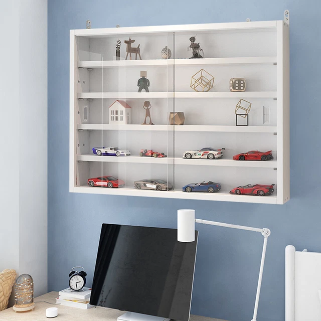 5 TIERS COLLECTORS Display Cabinet Wall Storage Shelves Wooden Glass ...