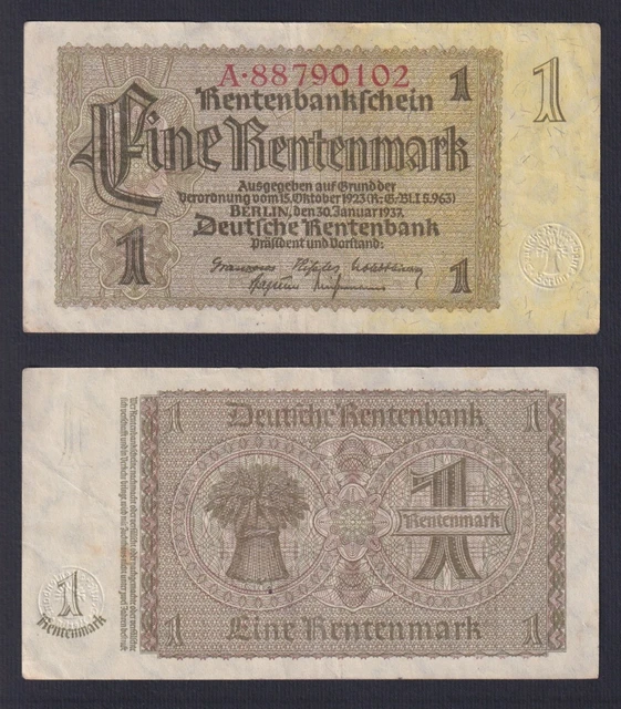 BANKNOTES GERMANY 1 Rentenmark 1937 P 173b BB VF Details $6.20 ...