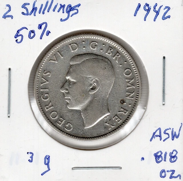 1942 GREAT BRITAIN 2 Shillings 50% Silver Coin $22.25 - PicClick CA