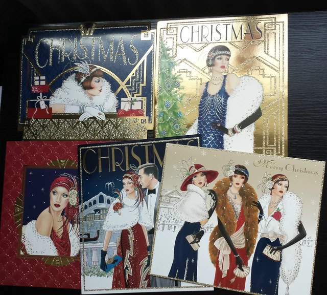 5 X CLINTONS Art Deco Lady Glitter Large Beautiful Christmas Cards £11. ...