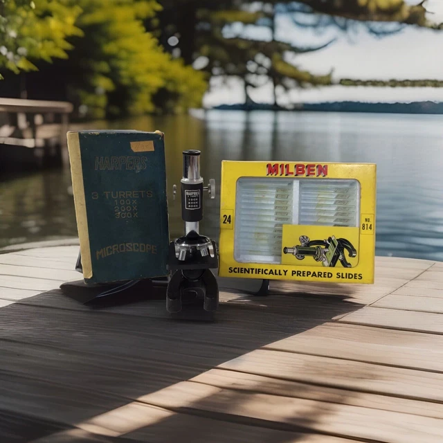 VINTAGE HARPERS 3 Turret Microscope Original Box & Milben Prepared ...