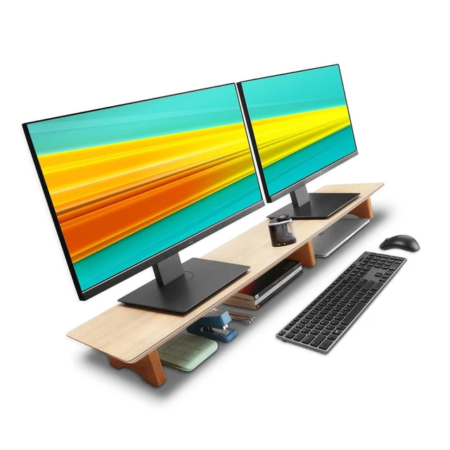AOTHIA LARGE DUAL Monitor Stand Riser, Solid Wood Desk Shelf with Eco ...