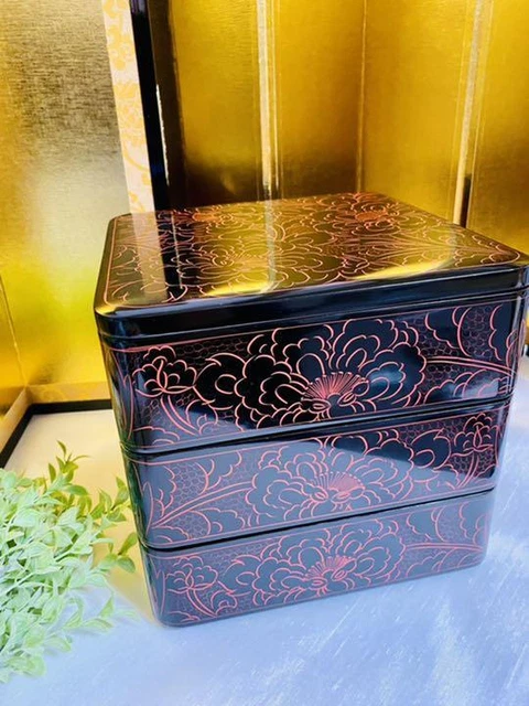 JAPANESE ECHIZEN LACQUERWARE Antique Three-Tiered Box Lacquer Mud ...