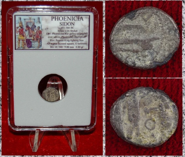 ANCIENT COIN PHOENICIA Sidon Galley King Fighting Lion Silver 1/16 ...