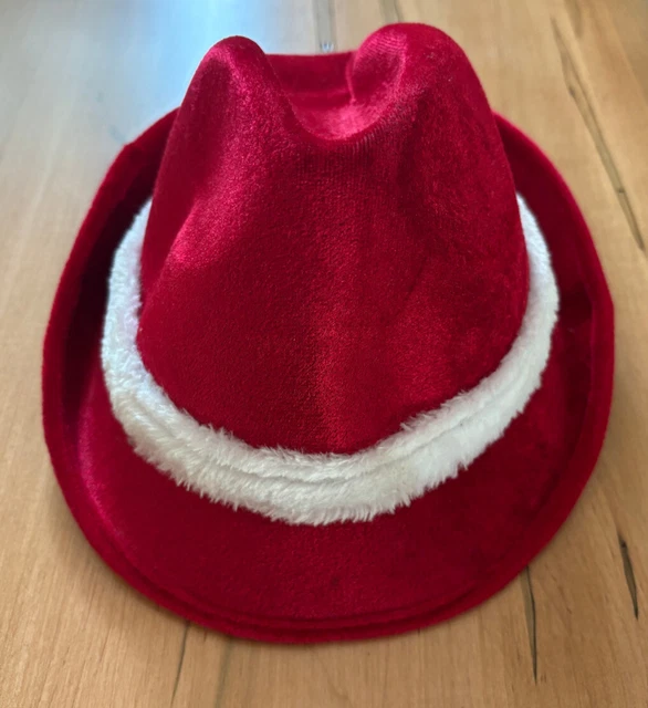 FEDORA STYLE RED Christmas Flocked Elf Party Hat W/ White Plush Trim ...