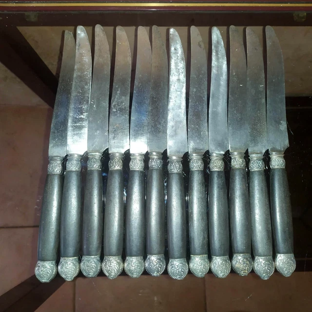 SÉRIE 12 COUTEAUX de Table Manche ebene virole et cabochon argent ...