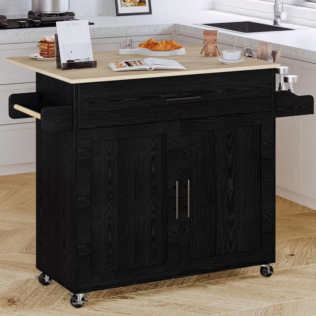 ROLLING KITCHEN ISLAND Counter Cabinet Storage with Drop-Leaf Folding ...