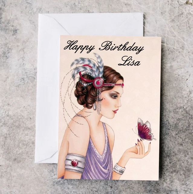 PERSONALISED BIRTHDAY CARD Art Deco Lady Ladies Girls Daughter Wife ...