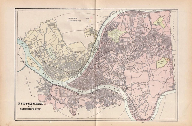 1891 ANTIQUE CRAM'S Unrivaled Atlas Map-Pittsburgh & Allegheny City ...