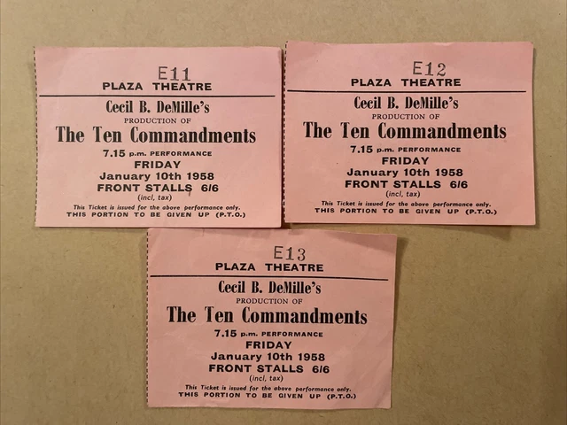 THE TEN COMMANDMENTS - 1956 Plaza Theatre Tickets. Cecil B. Demille £3. ...