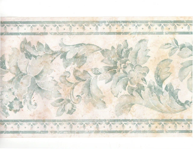 BLUE ANTIQUE WHITE Toile Watercolor Pastel Floral Leaf Scroll Wall ...
