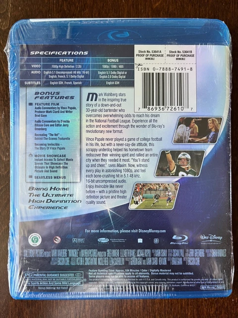 WALT DISNEY INVINCIBLE Blu-ray Disc 2 Disc Set 2006 Mark Wahlberg Greg ...
