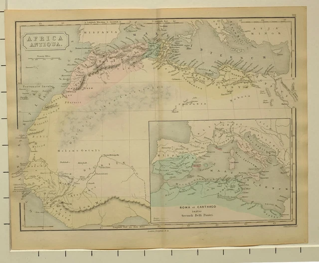 1868 HAND COLOURED Ancient Map Africa Roma Carthago Mauritania Italia ...