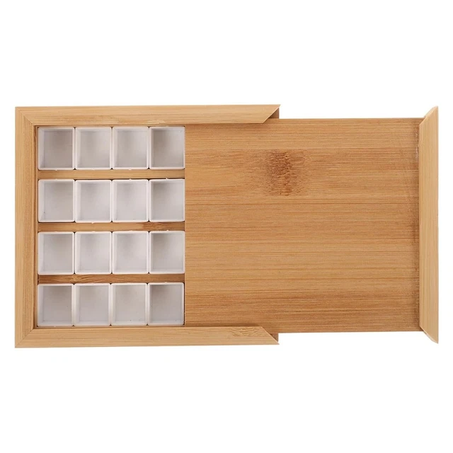 WOODEN WATERCOLOR PALETTE Box with Half Pans Grid Empty Pull-Out Type ...